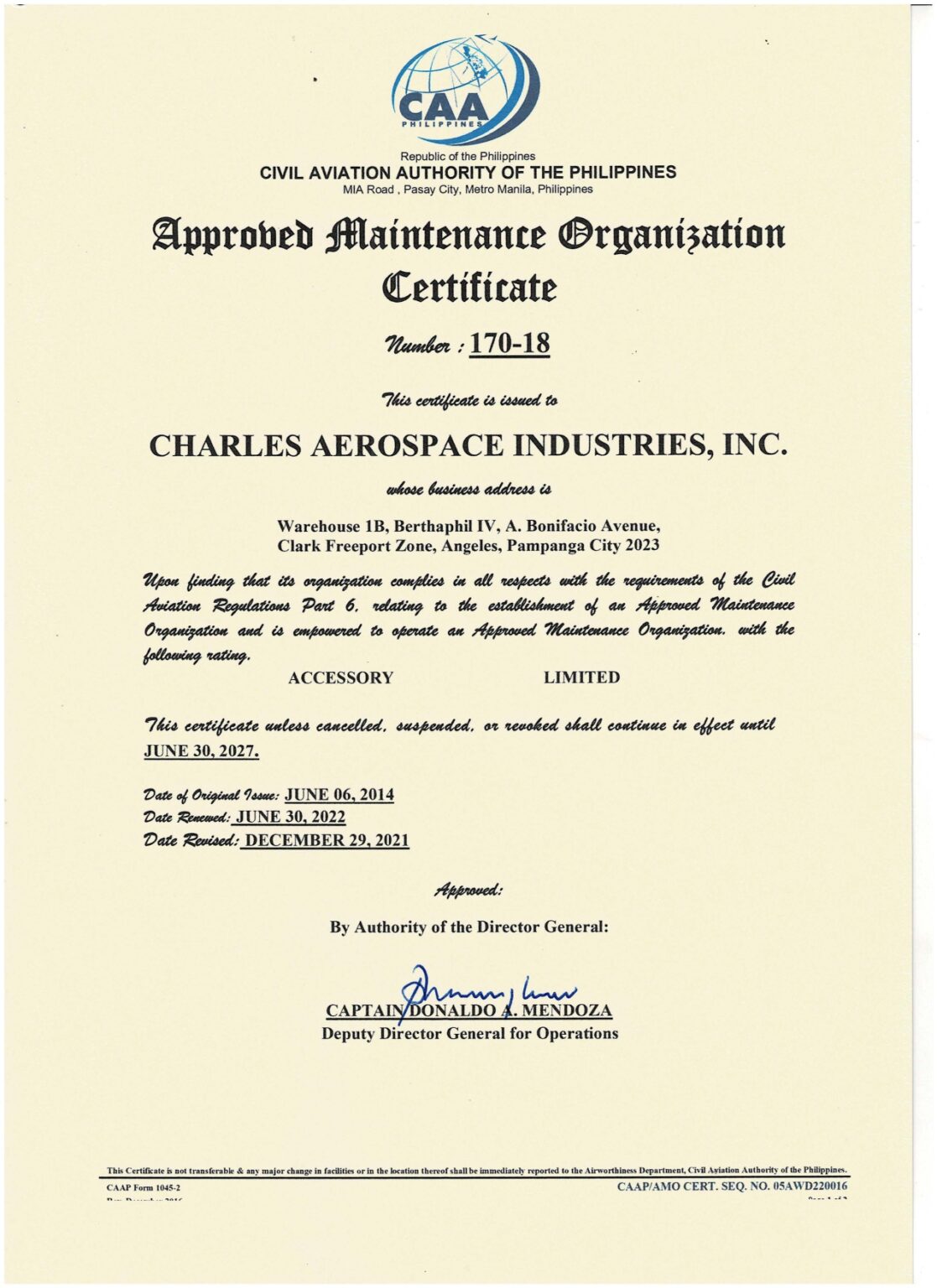CAAP Approved Maintenance Organization (AMO) Certificate – CHARLES ...